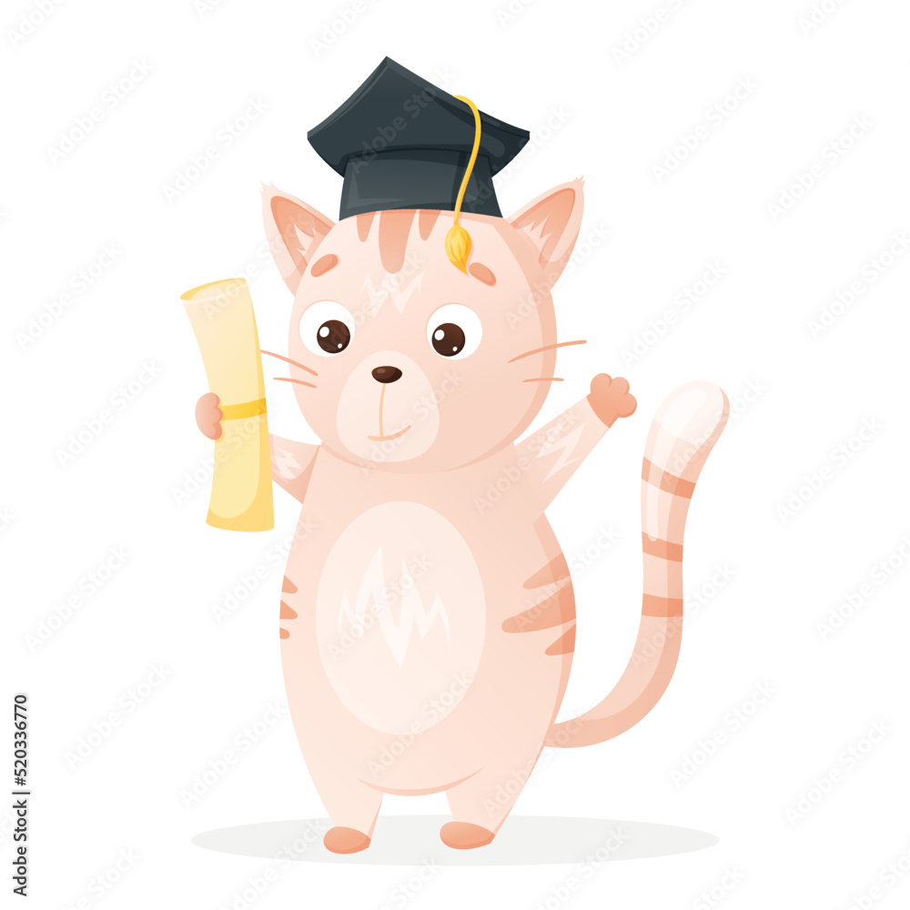 Cute graduate cat in academic cap with scroll, vector isolated cartoon ...