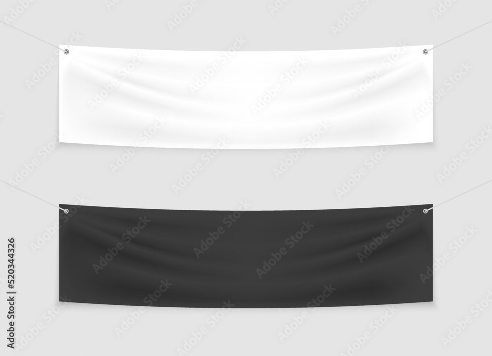 White and black textile banner on the ropes. Blank realistic stretched ...
