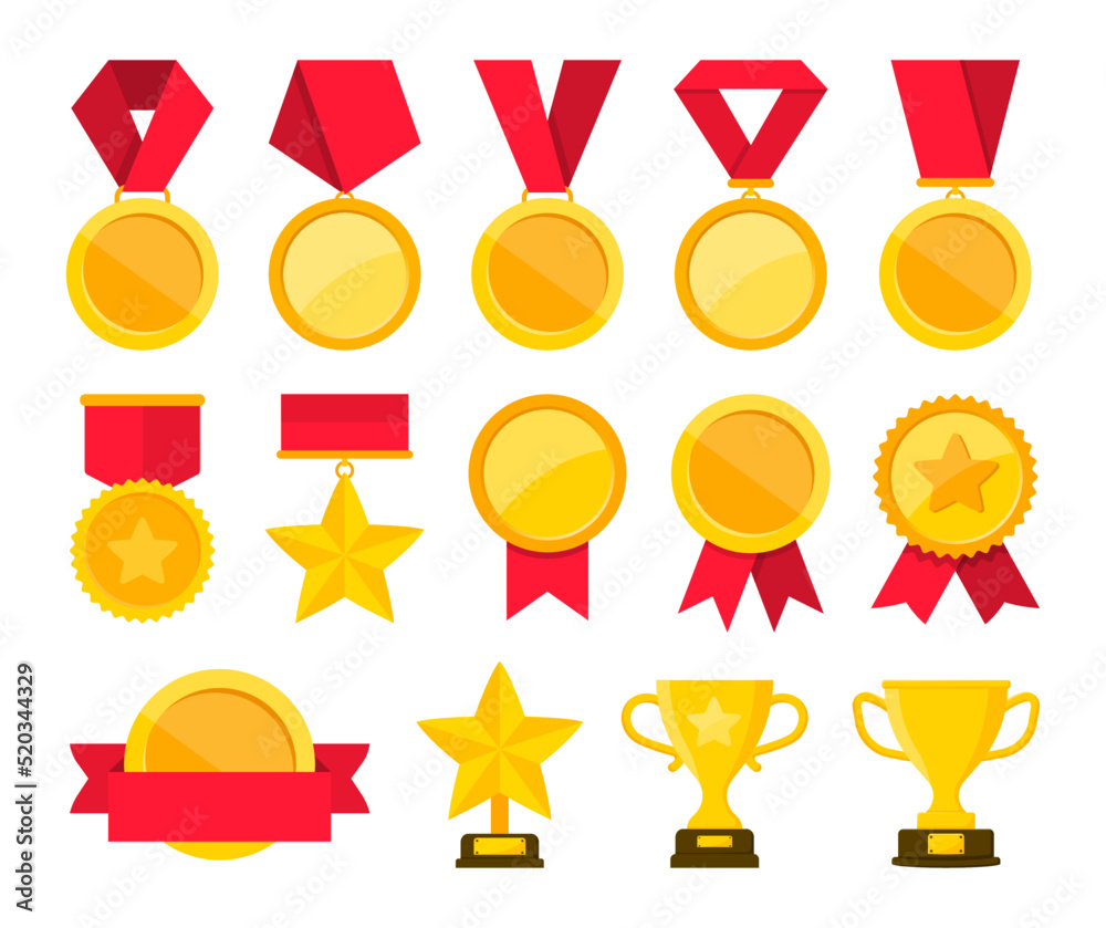 Collection of golden medals, cups. Awards and trophies with red ribbon ...
