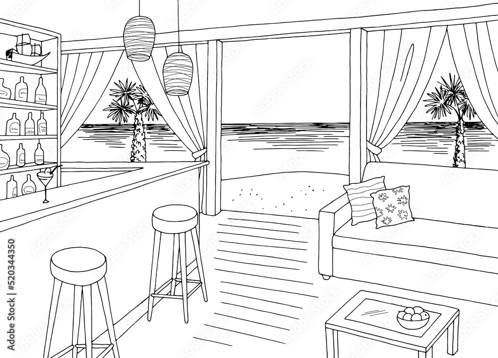 Beach cafe interior bar graphic black white sketch illustration vector ...