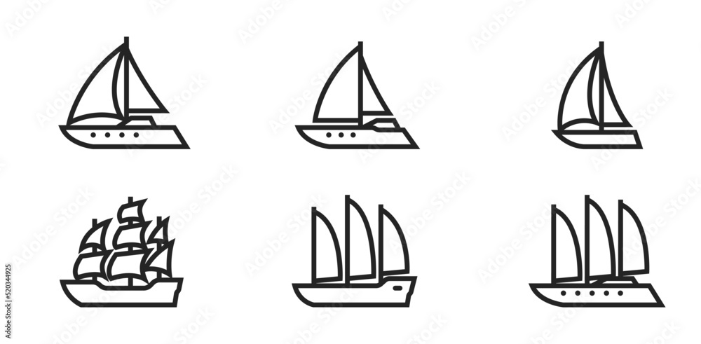 sailing ship line icon set. sail vessel symbols. isolated vector images ...