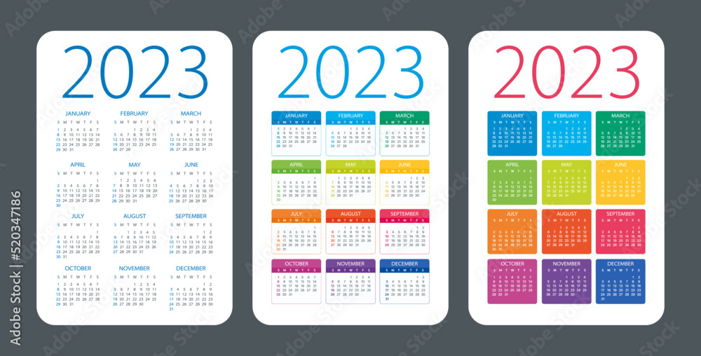 Calendar set 2023 year - vector illustration. Week starts on Sunday ...