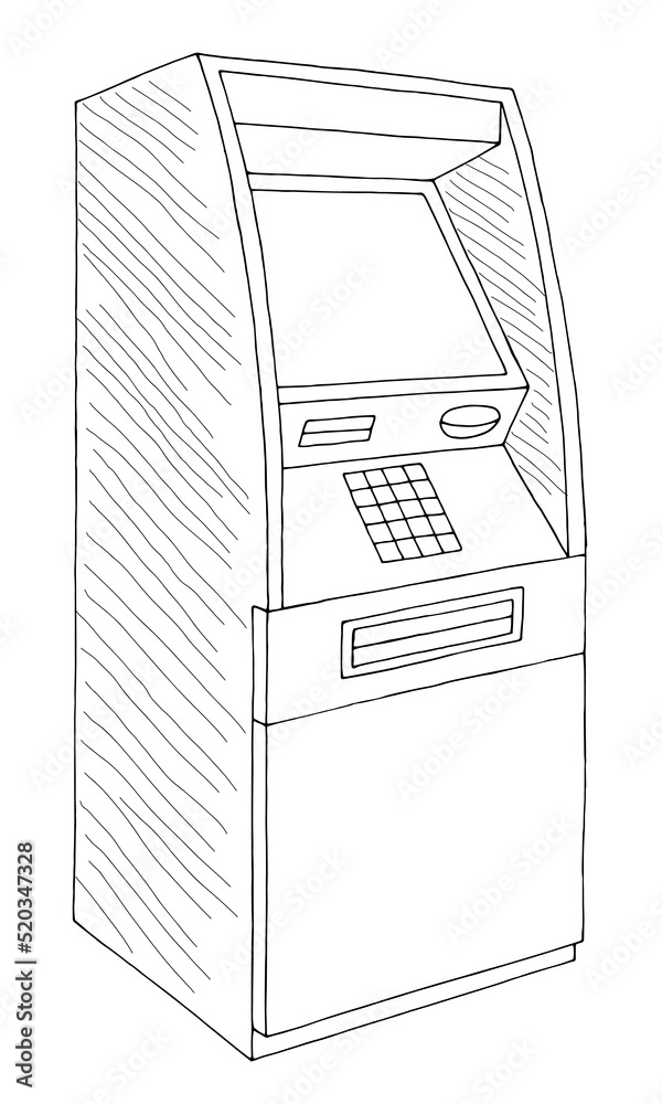 ATM cash dispenser graphic black white sketch isolated illustration ...