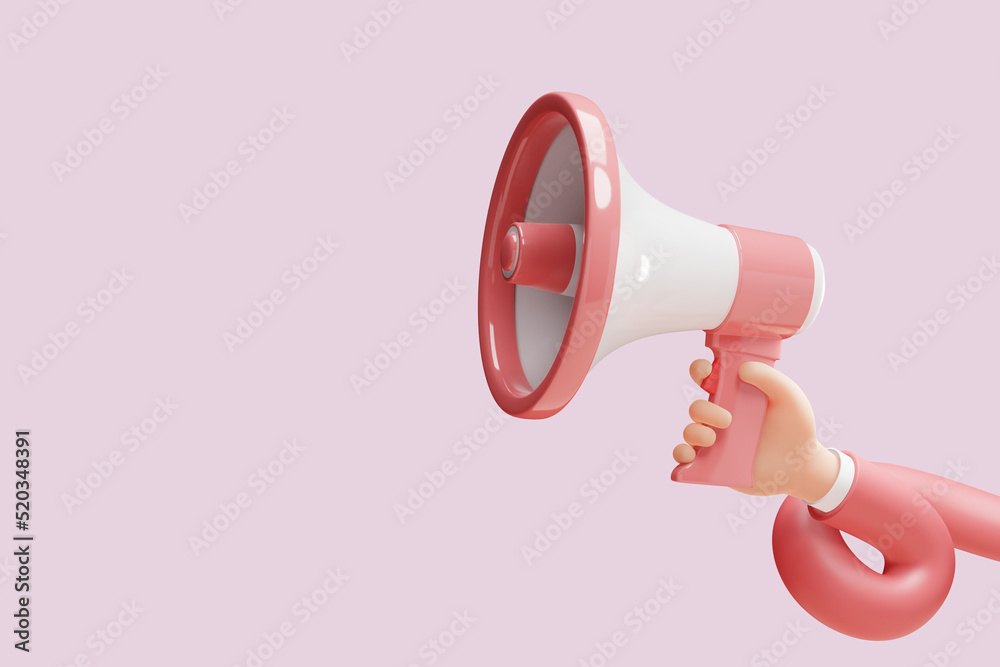 Cartoon flexible hand holding megaphone on pink background with copy ...