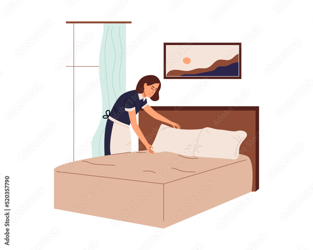 Housekeeper in uniform cleaning hotel room. Maid woman changing bedding. Housekeeping service ...