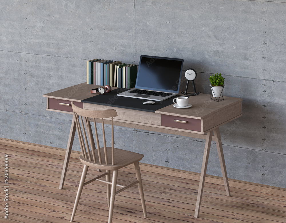 3D render of interior living room workspace with desk and desktop ...