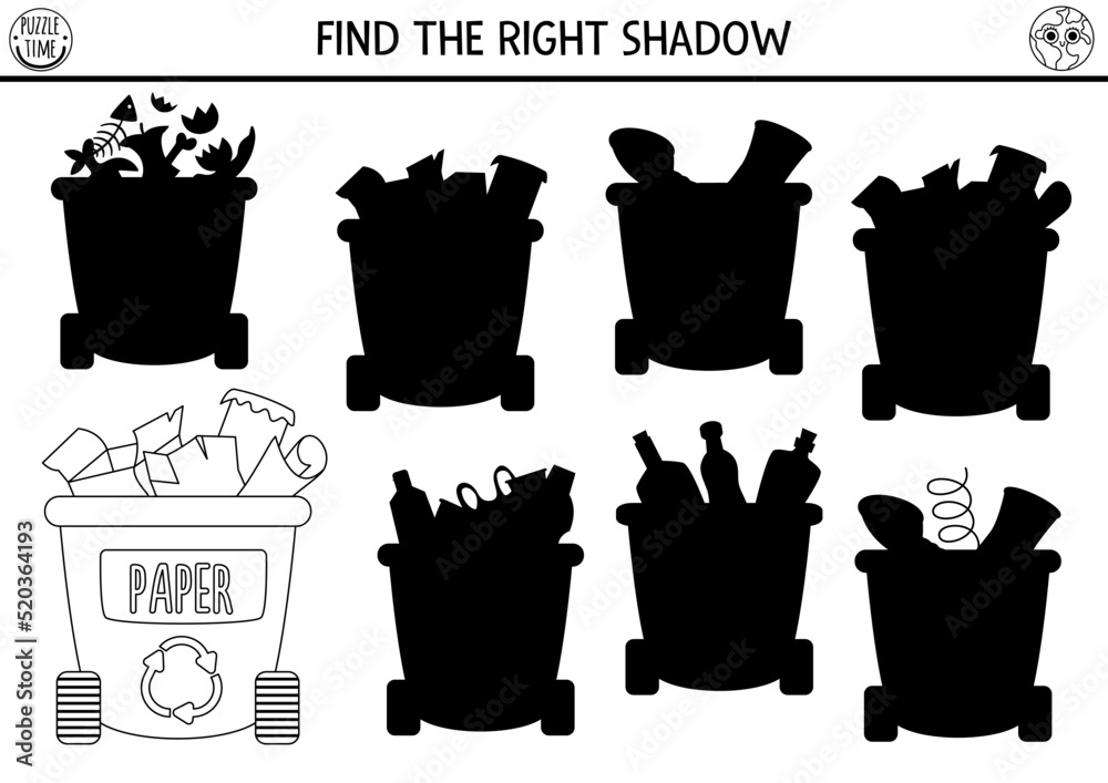 Ecological black and white shadow matching activity with waste sorting ...