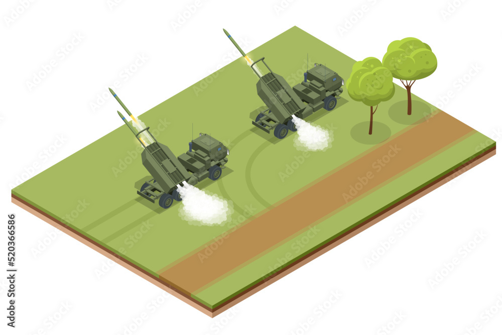 Isometric rocket salvo fire system on a wheeled landing gear. Rocket ...