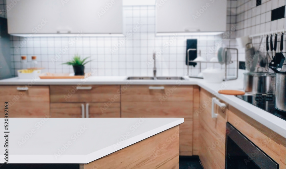 White marble texture table top on blurred kitchen background for ...