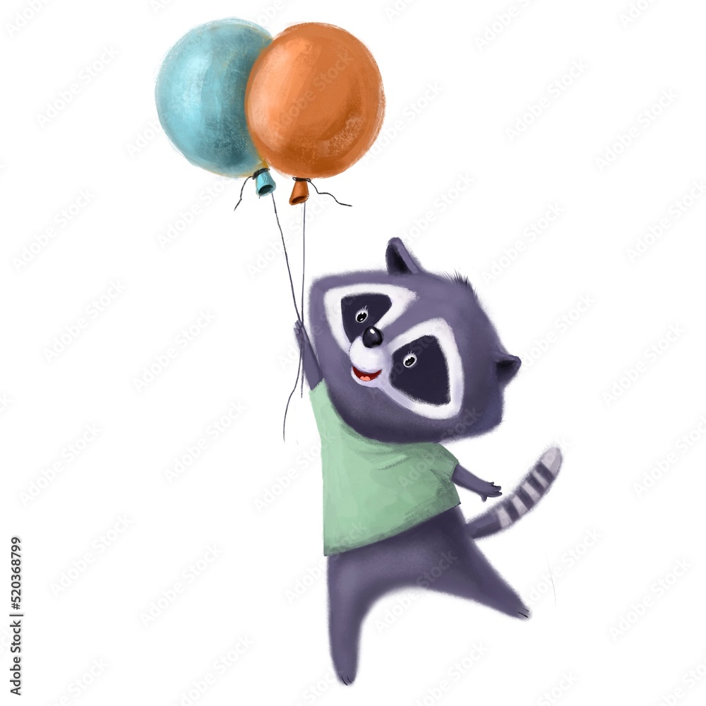 cute raccoon with air balloons watercolor illustration, holiday clipart ...