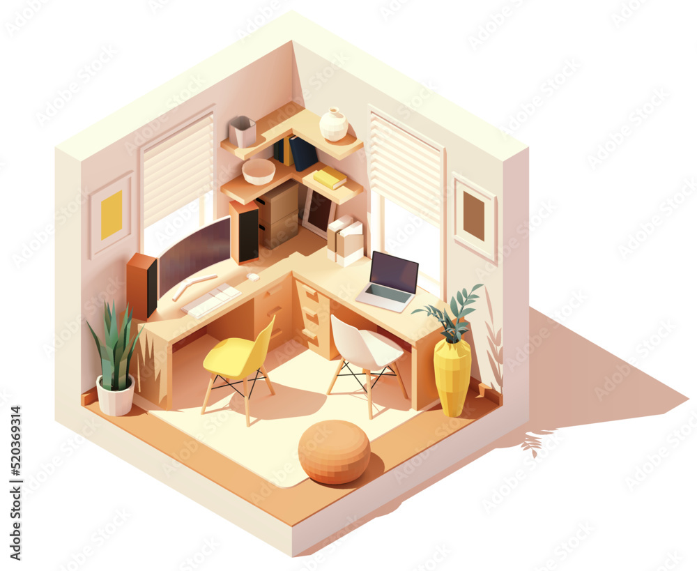 Vector isometric workplace in home office room for two people. Office table and chair, modern ...