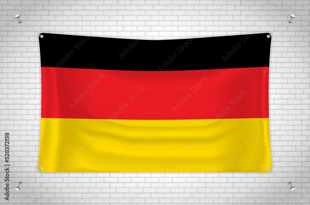Germany flag hanging on brick wall. 3D drawing. Flag attached to the ...
