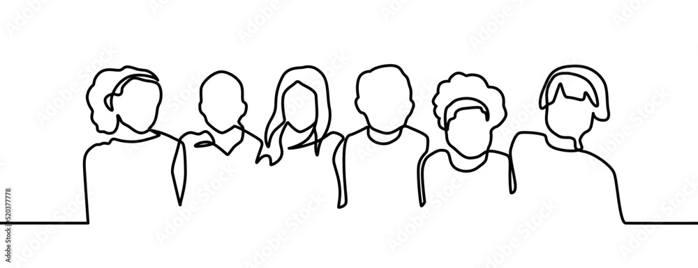 continuous line drawing of group of school kids friends. Happy children ...