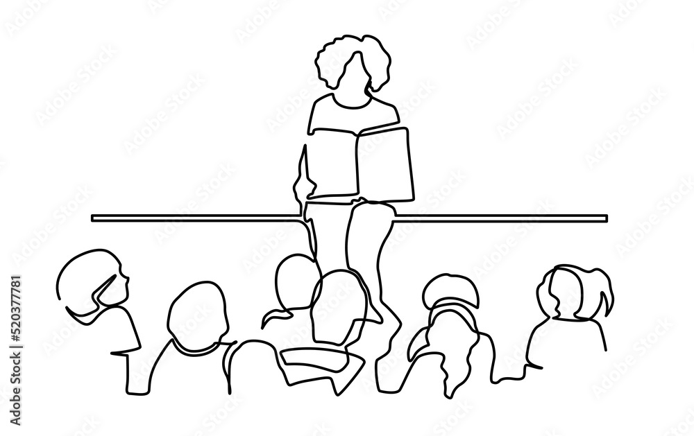 Continuous one line drawing of a teacher welcoming children back to ...