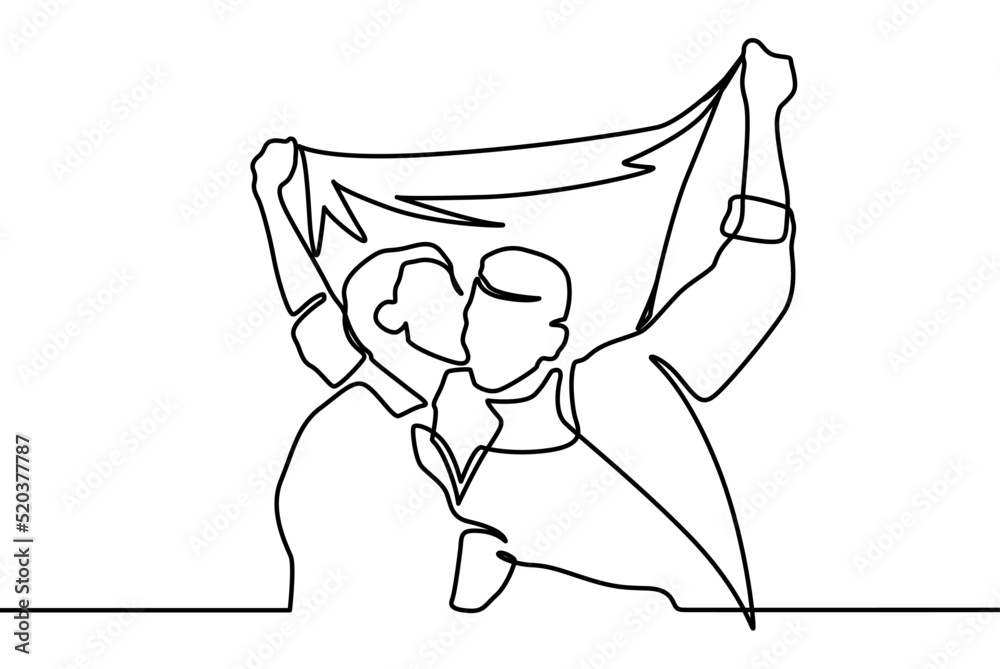 Stockvector Continuous Line Drawing Of Gay Couple Hugging Each Other Holding Pride Flag Hand