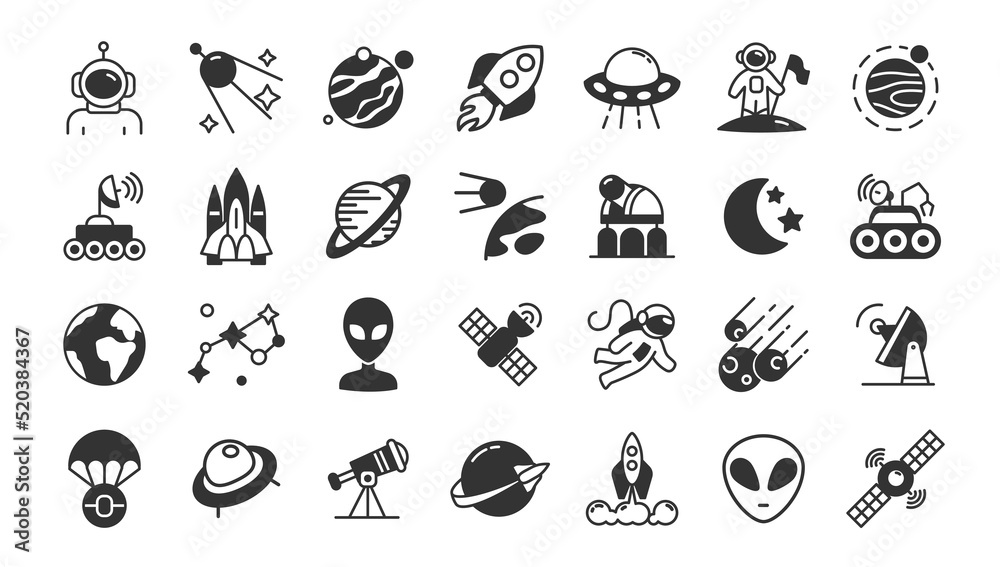 Space icons. Earth and universe symbols. Astronaut in rocket with ...