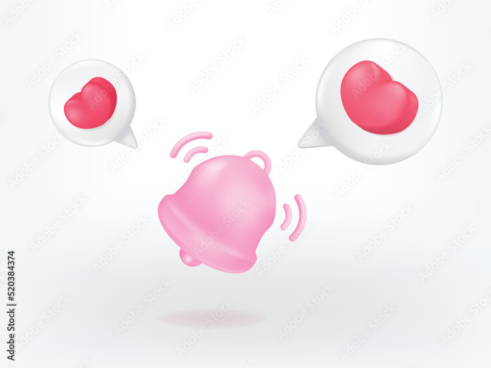 3D vector pink bell alert symbol social media notification icon ...