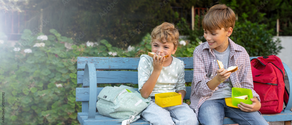 Children eating lunch sandwiches in school yard during break, sitting ...