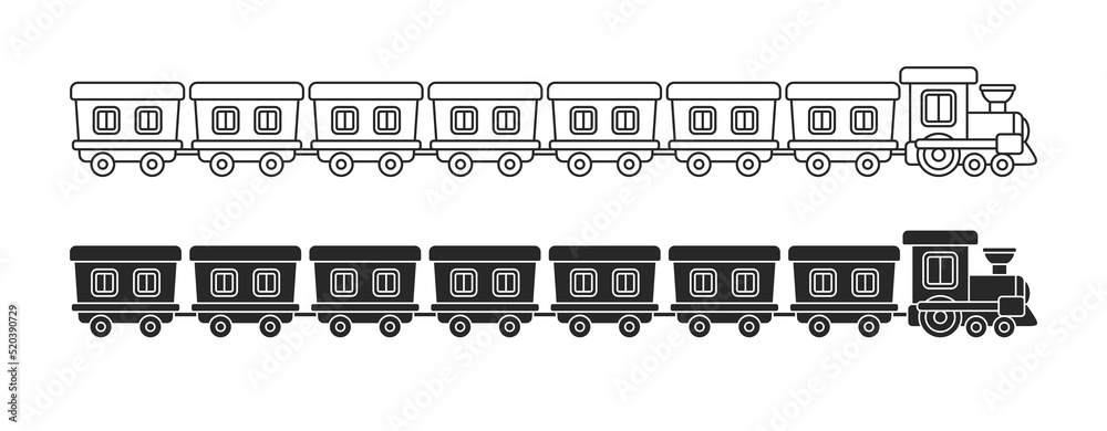 Toy trains set. Locomotives with passenger wagons. Vector outline and ...