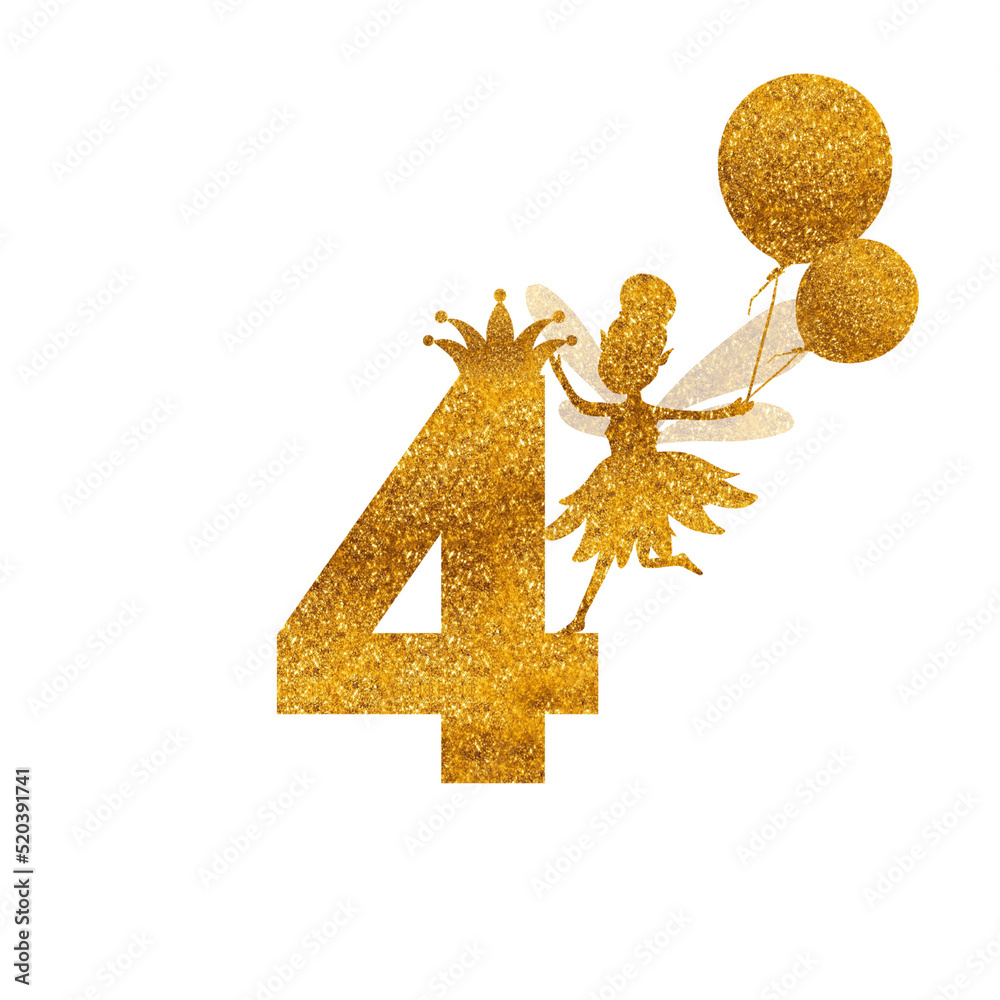 Number four, 4 th birthday. Cake topper, gold texture.Fairy tale ...