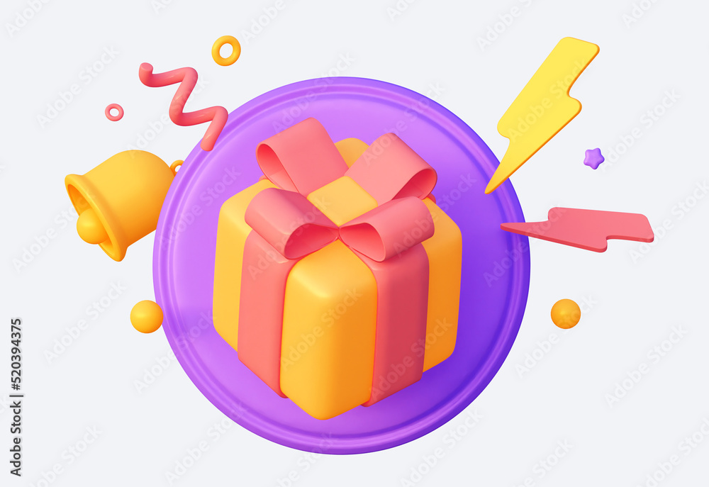 Quick notification of gift delivery. A festive yellow gift with a pink ...