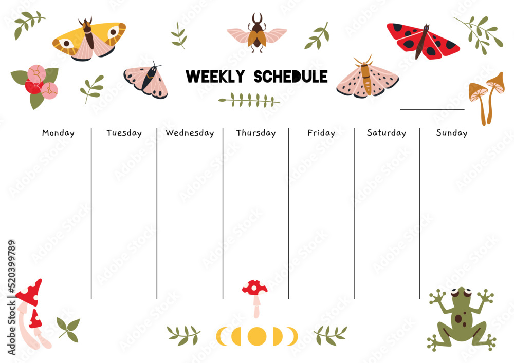 Cute weekly schedule template with summer vibe, moth, mushrooms ...