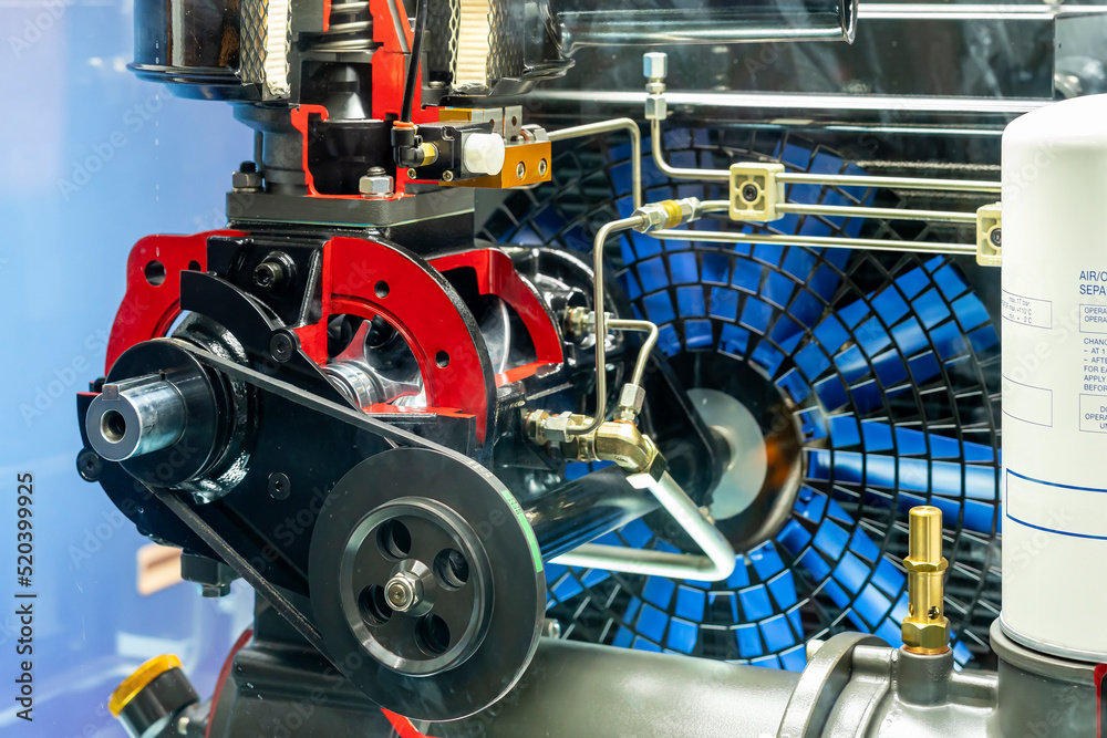 Close up cross section detail internal screw air compressor pump and ...