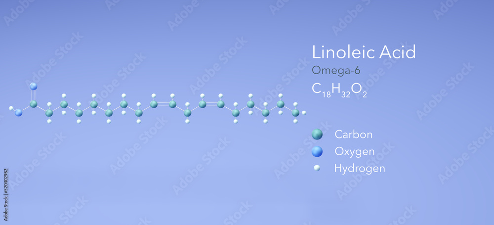 linoleic acid, omega-6. Molecular structure 3d rendering, Structural ...