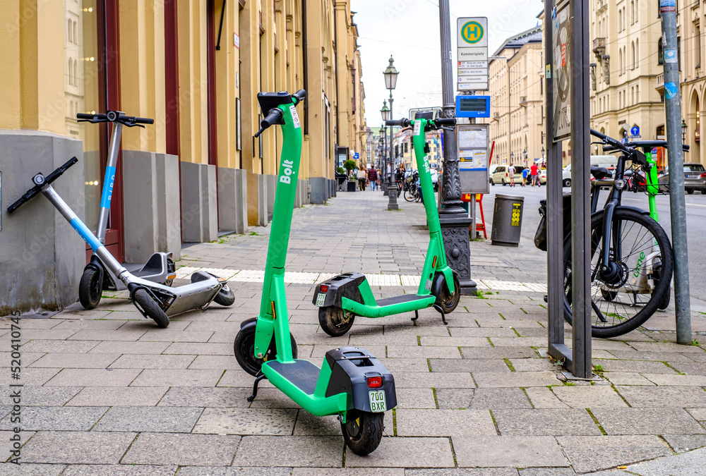 Munich, Germany - June 5: typical modern eScooters at a street in the ...