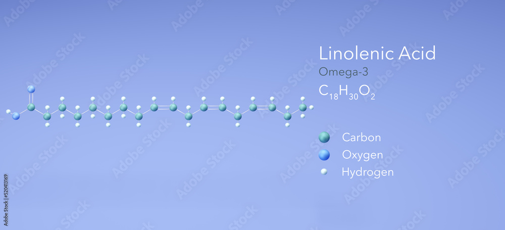linolenic acid, omega-3. Molecular structure 3d rendering, Structural ...