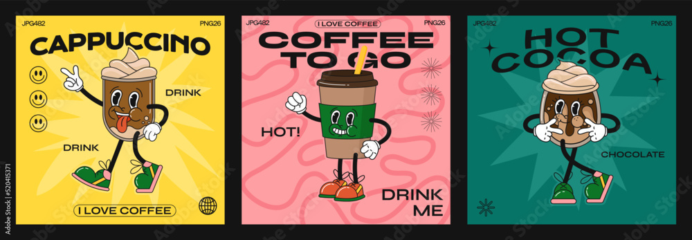 Retro poster style coffee drink cartoon characters, funny colorful ...