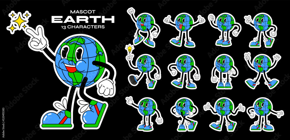 Cartoon retro character planet earth mascot, and gloved hands. Stickers ...