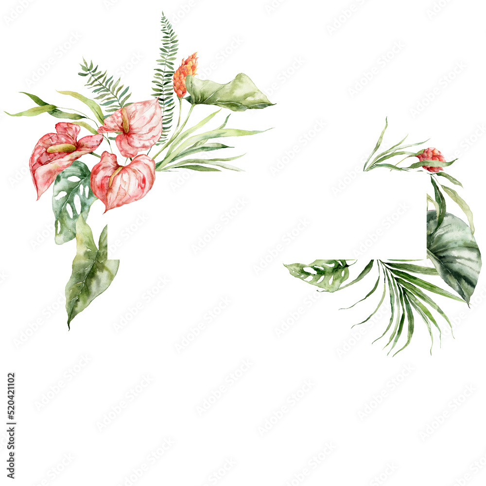 Watercolor tropical flowers frame of anthurium, monstera and banana ...