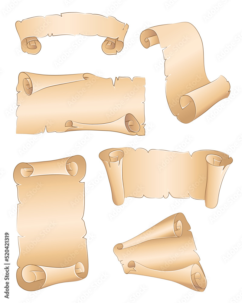 Ancient scrolls isolated over a white background. Set of six vintage ...