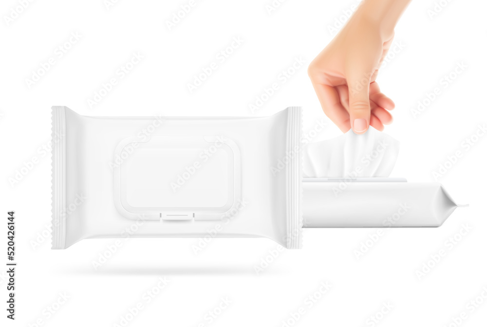 Realistic wet wipes bag mockup with hand. Vector illustration isolated ...