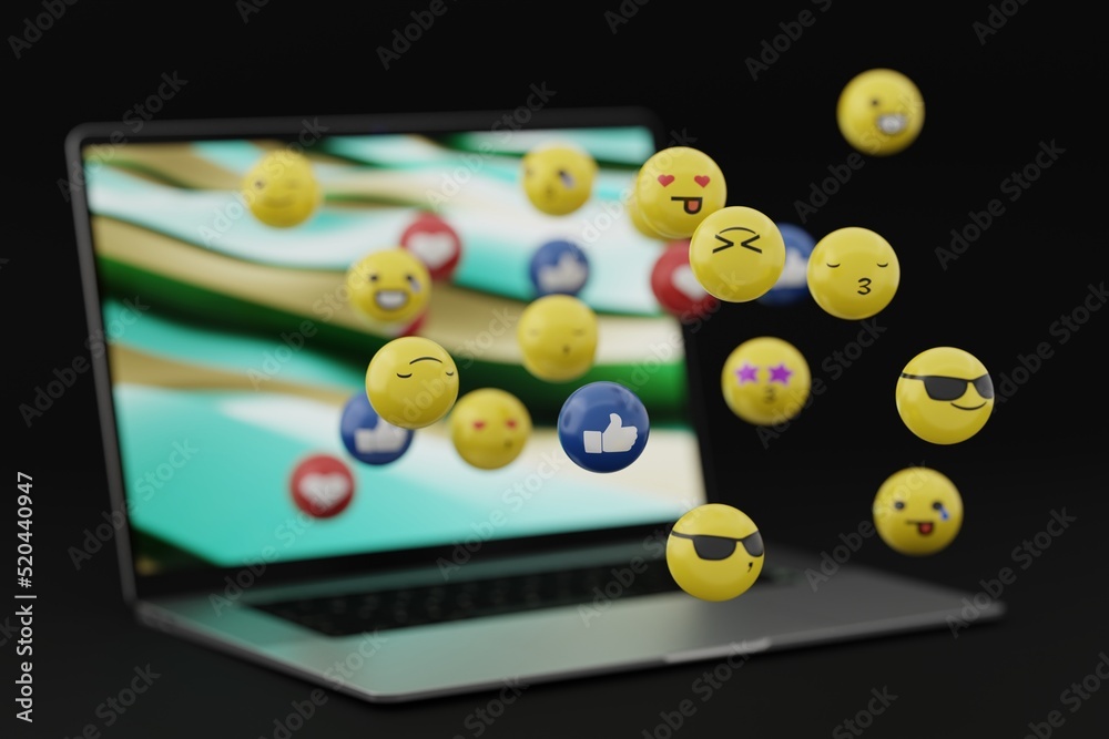 Emoticons coming out of the computer, laptop. Social media concept ...