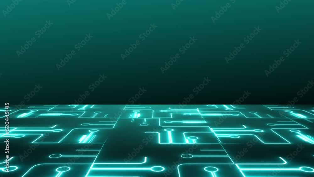 Animated Looped Circuit Board Room Floor ground blue neon grid ...