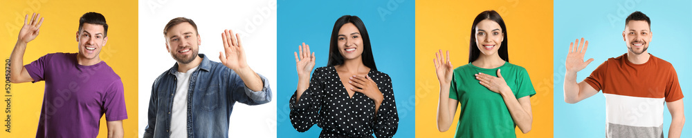 Collage with photos of cheerful people showing hello gesture on ...