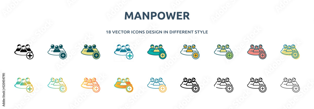 manpower icon in 18 different styles such as thin line, thick line, two ...