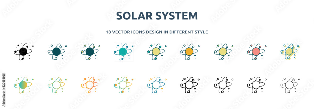 solar system icon in 18 different styles such as thin line, thick line ...