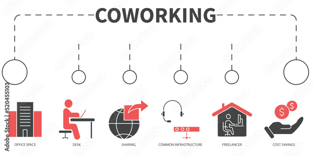 coworking Vector Illustration concept. Banner with icons and keywords ...