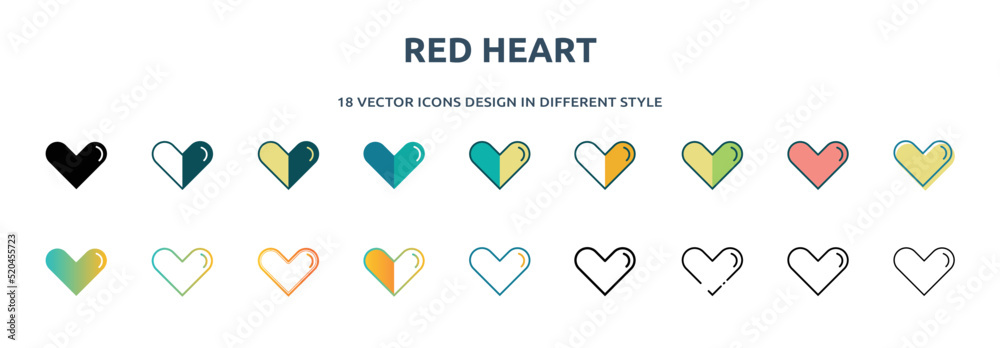 red heart icon in 18 different styles such as thin line, thick line ...