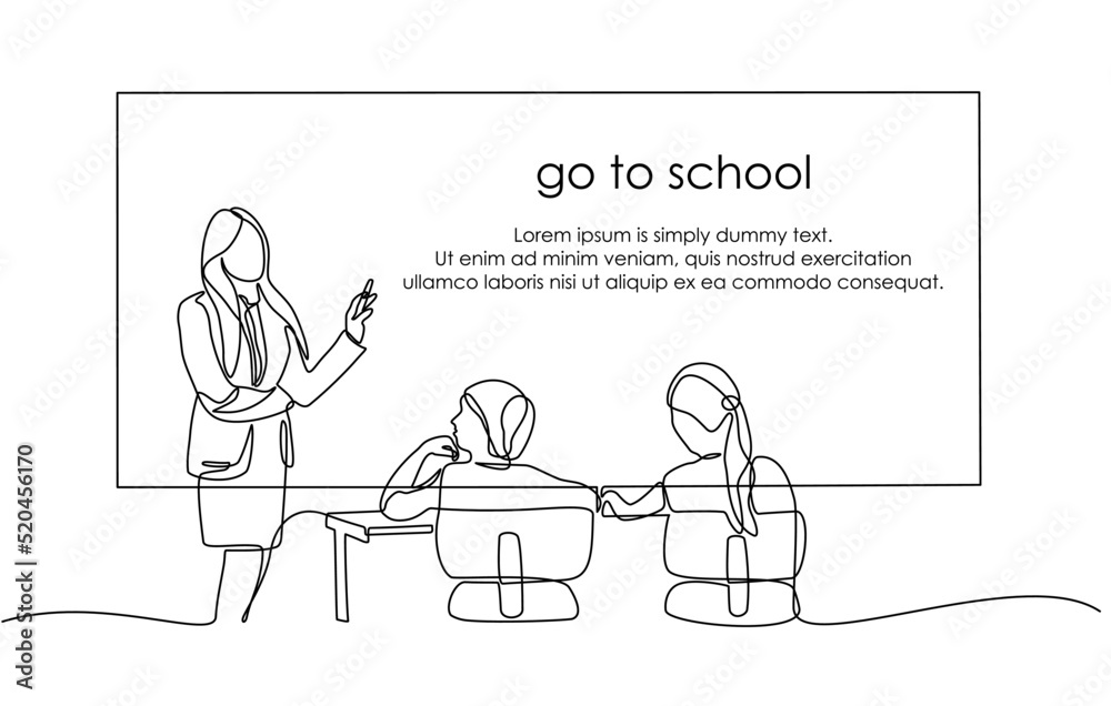 Continuous one line drawing of a teacher welcoming children back to ...