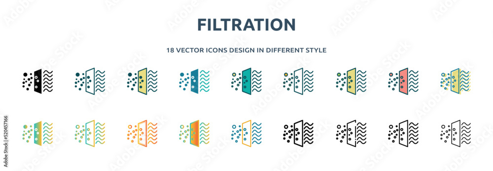 filtration icon in 18 different styles such as thin line, thick line ...