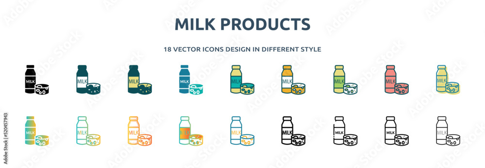 milk products icon in 18 different styles such as thin line, thick line ...