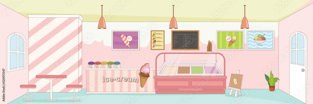 Cute and nice design of Ice cream shop with furniture and interior ...