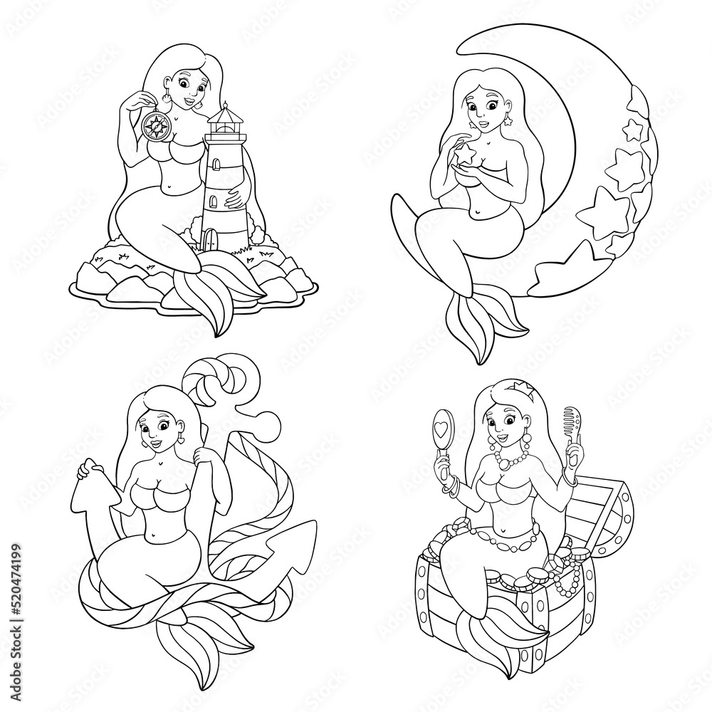 Set of cute mermaids. Coloring page for kids. Digital stamp. Cartoon ...
