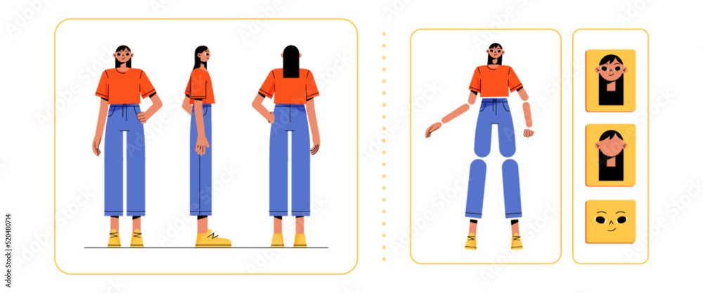 Woman character animation set. Girl creation model in front, side and ...