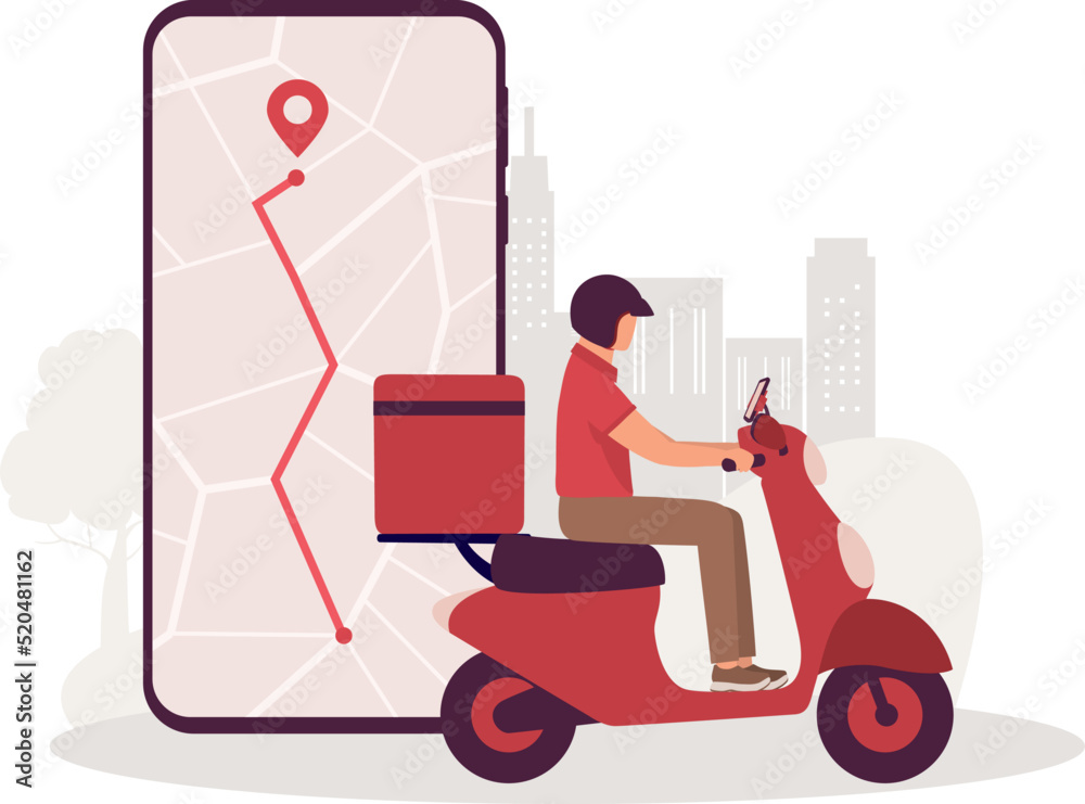 One Delivery Man Riding A Red Motor Scooter With Thermal Delivery Bag ...