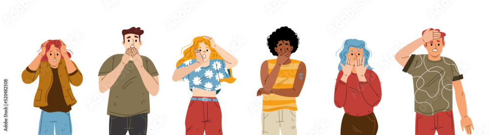 People with terrified and surprised face expression. Vector flat ...